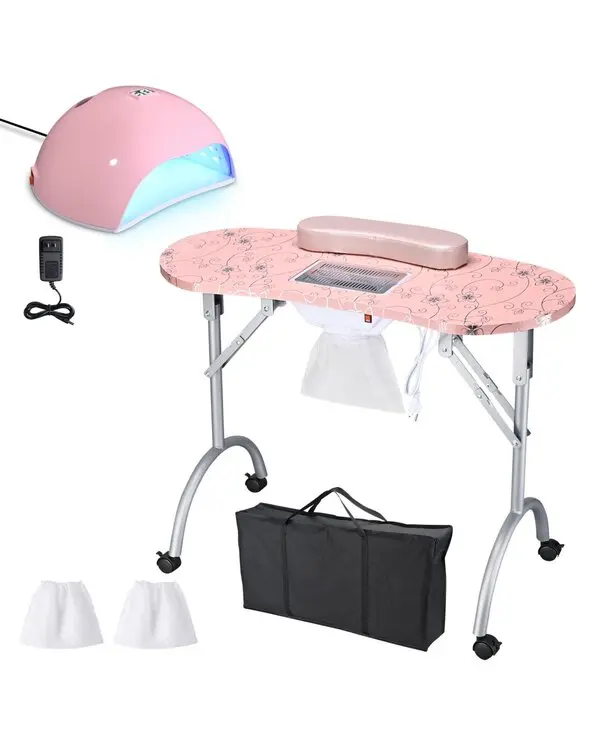 BYOOTIQUE Manicure Nail Table W/ Uv Led Nail Lamp 135w Portable Folding Nail Technician Desk With Built-in Dust Collector & Carry Bag For Nail Tech Be - Natrual