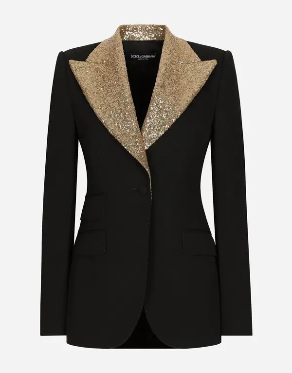 Dolce & Gabbana Single-breasted Wool Turlington Jacket With Sequined Lapels - Black