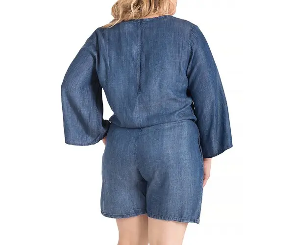 STANDARDS & PRACTICES Plus Bell Sleeve Lace Up Denim Romper