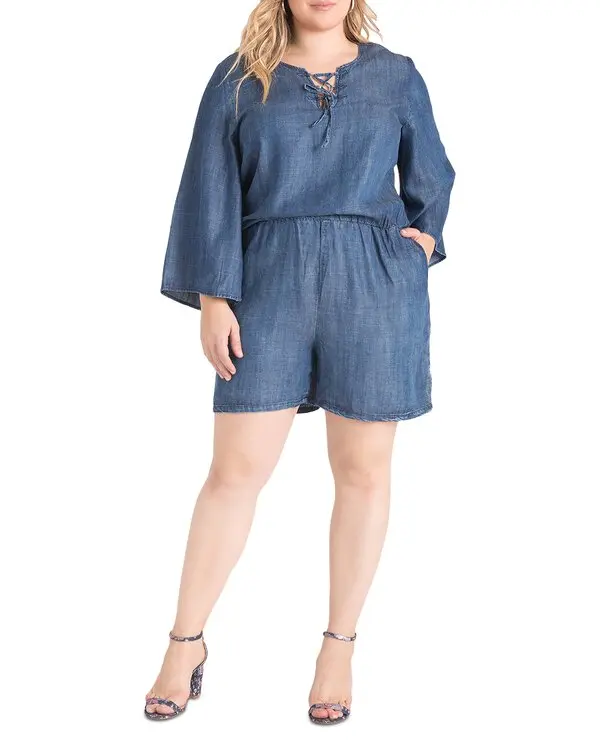 STANDARDS & PRACTICES Plus Bell Sleeve Lace Up Denim Romper
