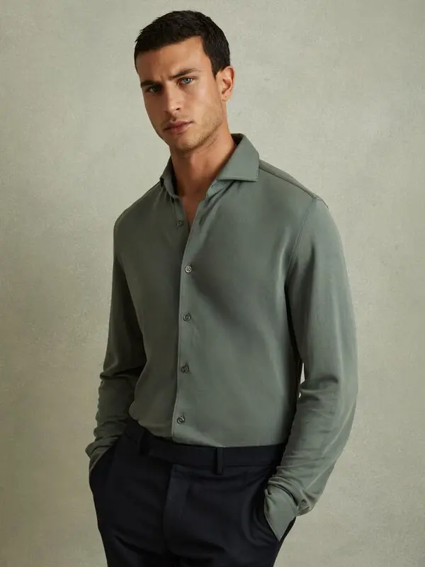 REISS Bobby Modal Blend Cutaway Collar Shirt - Green Smoke