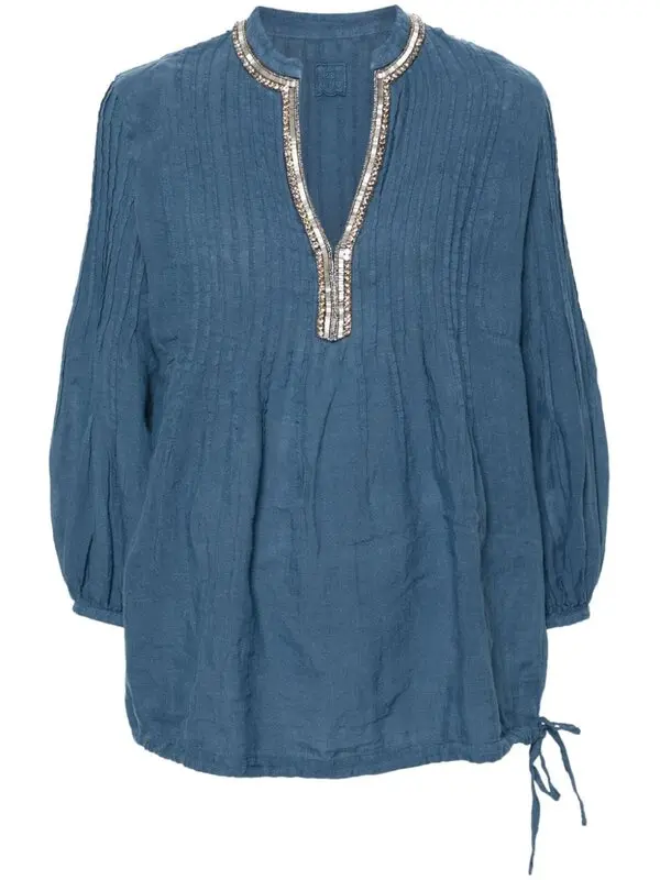 120% Lino Split-neck Linen Blouse