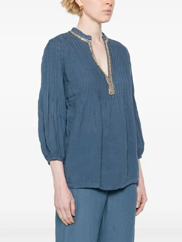 120% Lino Split-neck Linen Blouse