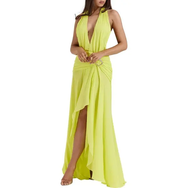 House Of Cb Olessia Plunge Halter Maxi Dress - Limeade
