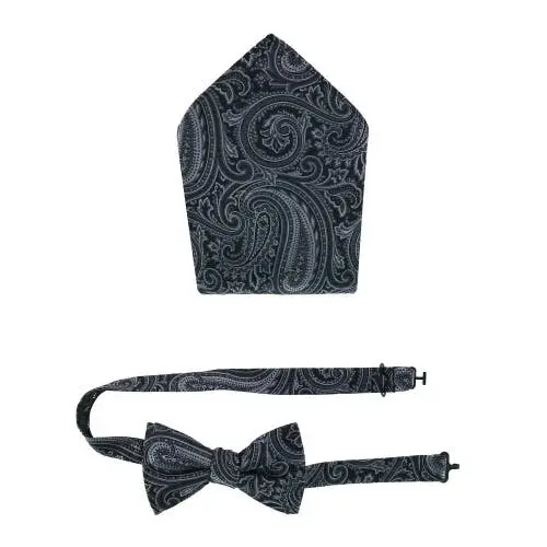 Trafalgar Sobee Paisley Silk Bow Tie & Pocket Square Set - Black