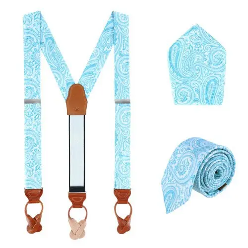 Trafalgar Sobee Paisley Braces, Necktie, And Pocket Square Set - Light Blue