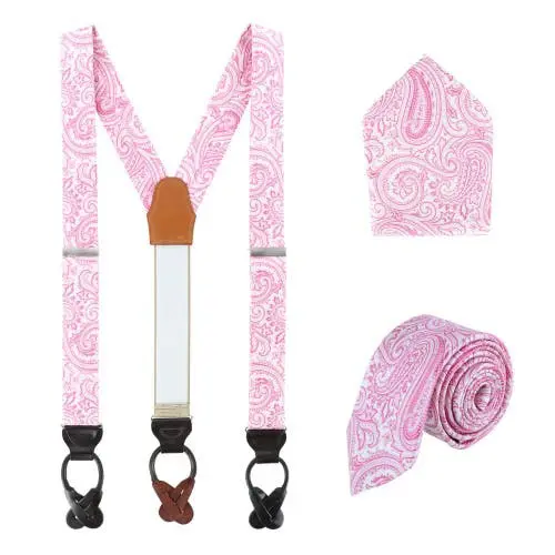 Trafalgar Sobee Paisley Braces, Necktie, And Pocket Square Set - Pink