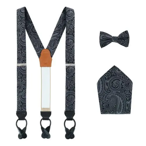 Trafalgar Sobee Paisley Brace, Bow Tie & Pocket Square Set - Black
