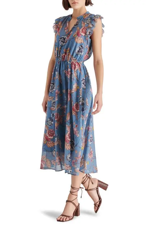 Steve Madden Allegra Floral Chiffon Midi Dress In Cadet Blue 60