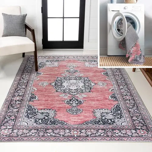 JONATHAN Y Bausch Bohemian Distressed Chenille Machine-washable Area Rug - Dark Pink/black/white