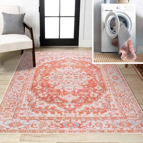 JONATHAN Y Asa Ornate Medallion Machine-washable Area Rug - Orange/cream