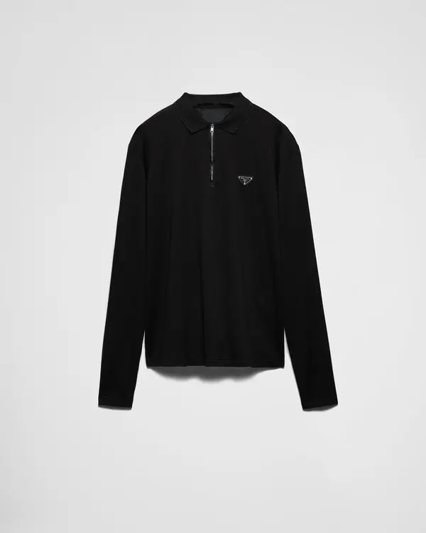 Prada Long-Sleeved Piqué And Re-Nylon Polo Shirt - Black