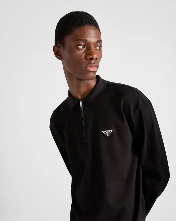Prada Long-Sleeved Piqué And Re-Nylon Polo Shirt - Black
