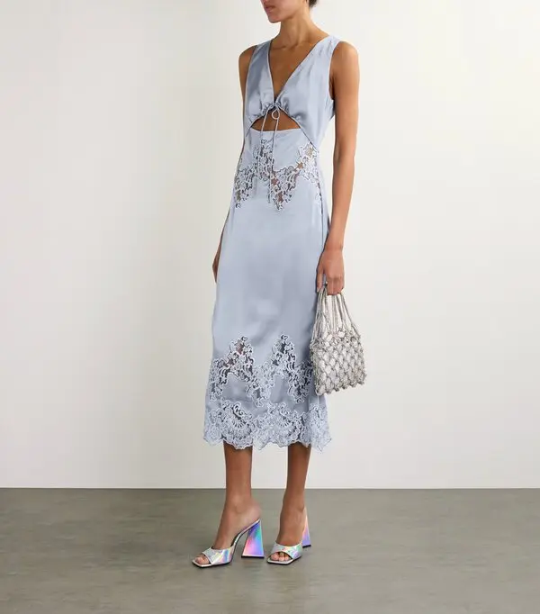 Self-Portrait Satin Lace-Trim Midi Dress In Blue - 10% Off | Editorialist