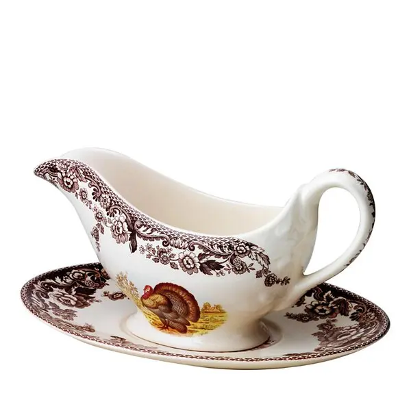 SPODE Woodland Turkey Sauce Boat & Stand - Brown