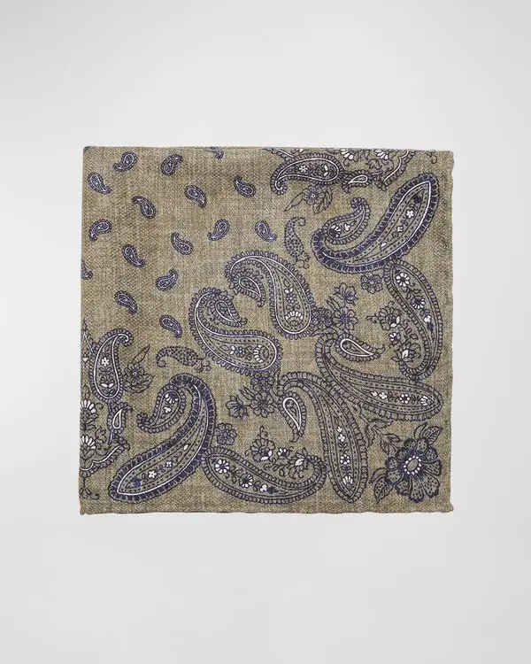 Brunello Cucinelli Silk Paisley Pocket Square - Olive/navy