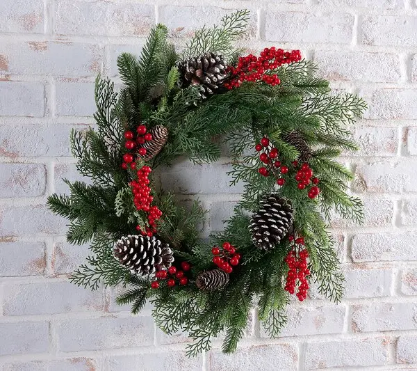 VALERIE PARR HILL 24' Berry, Pinecone And Pine Wreath Valerie - One-color