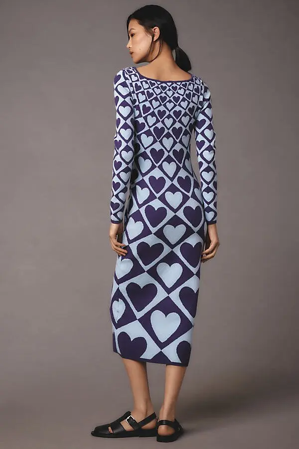 Farm Rio X Geo Heart Long-Sleeve Midi Sweater Dress In Blue - 73% Off |  Editorialist