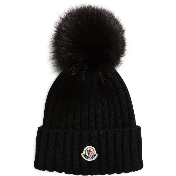Moncler Virgin Wool Ribbed Beanie With Faux Fur Pompom - Black