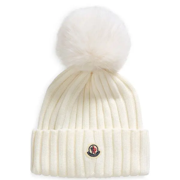 Moncler Virgin Wool Ribbed Beanie With Faux Fur Pompom - Natural