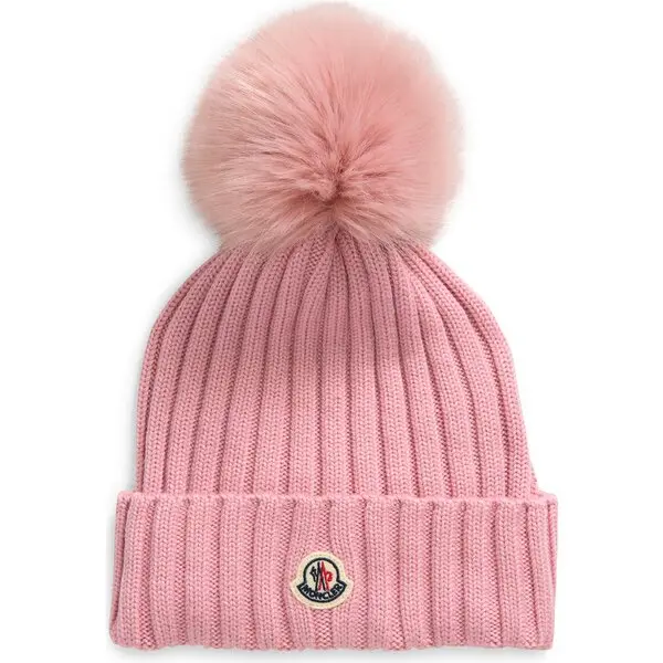 Moncler Virgin Wool Ribbed Beanie With Faux Fur Pompom - Pastel Pink