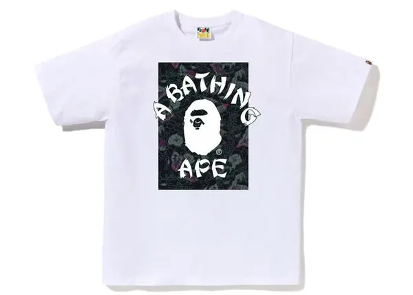 A BATHING APE Japanese Tattoo Camo On College Tee Shirt - White/black