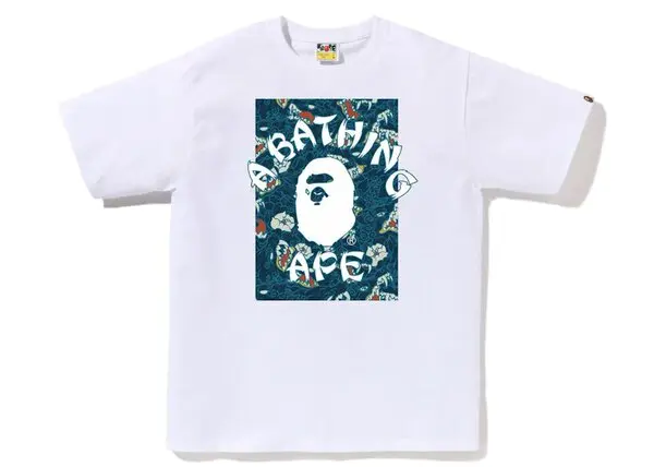 A BATHING APE Japanese Tattoo Camo On College Tee Shirt - White/blue
