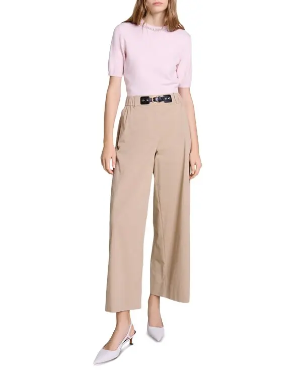 Maje Piuma Wide Leg Gabardine Trousers - Light Beige
