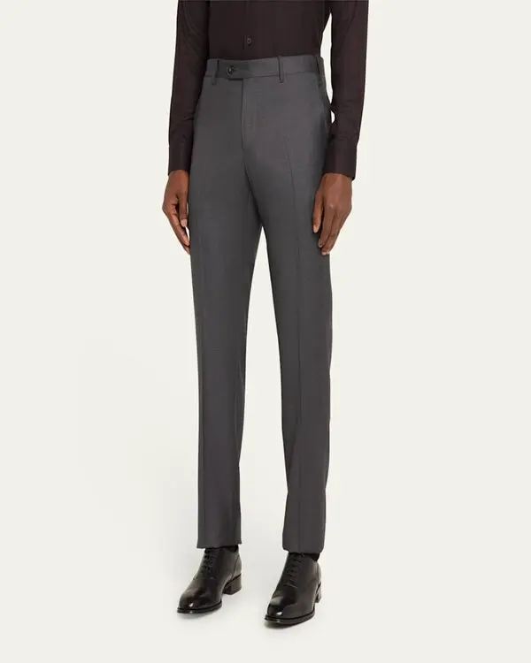 Giorgio Armani Solid Wool Flat-front Trousers - Grey
