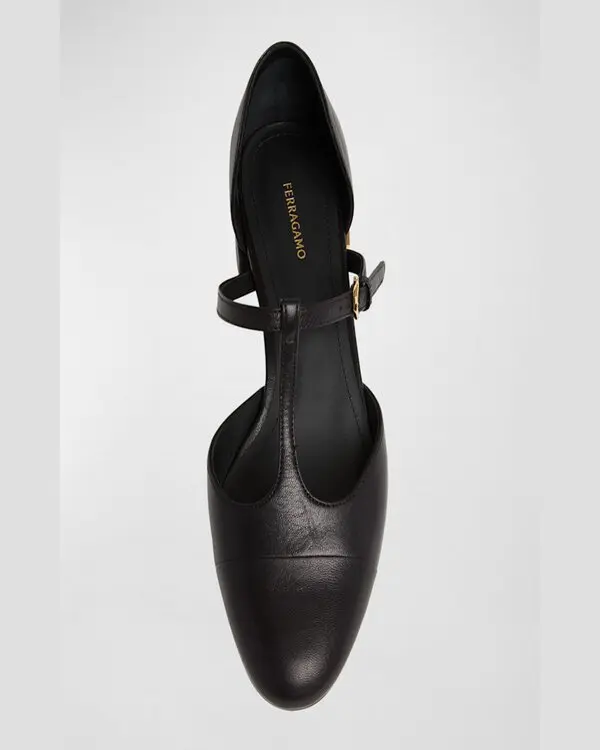 FERRAGAMO Linette Leather T-strap Ballerina Flats