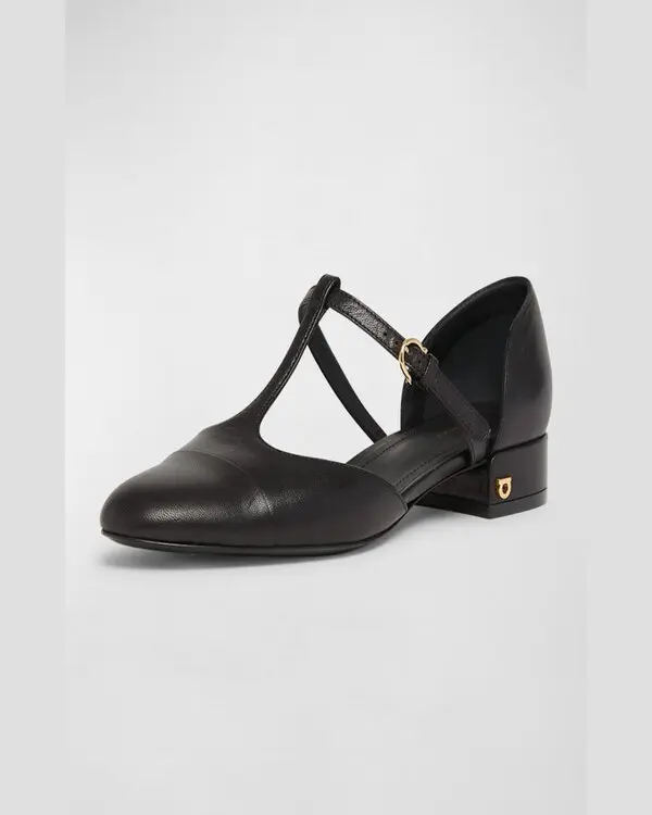 FERRAGAMO Linette Leather T-strap Ballerina Flats
