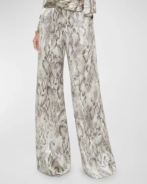 L'Agence Pilar Snake-Printed Wide-Leg Pants In Tan Multi Snake