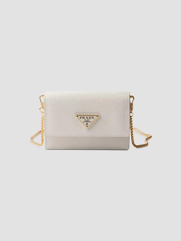 Prada Saffiano Leather Card Holder With Shoulder Strap - Beige