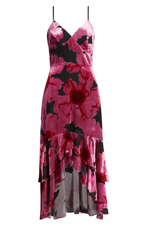 strapless open back dress MissJophiel Strapless Floral Print Satin High Low Dress with Pocket