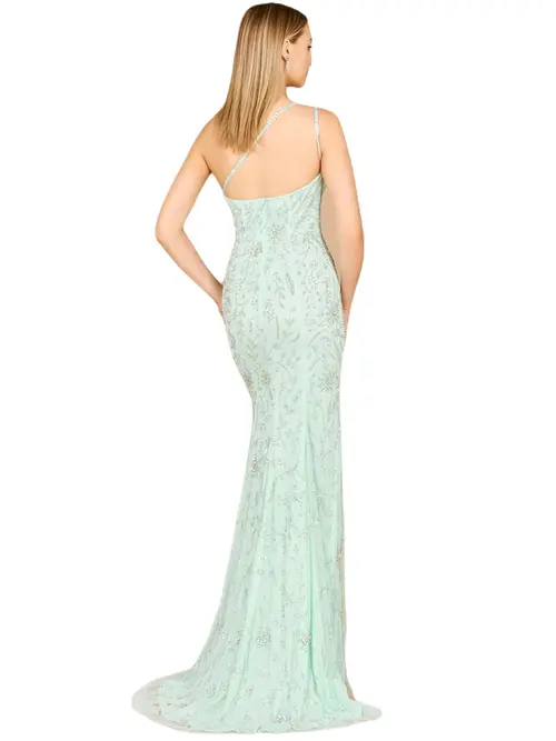 LARA NEW YORK One-shoulder Beaded Gown With Slit - Mint