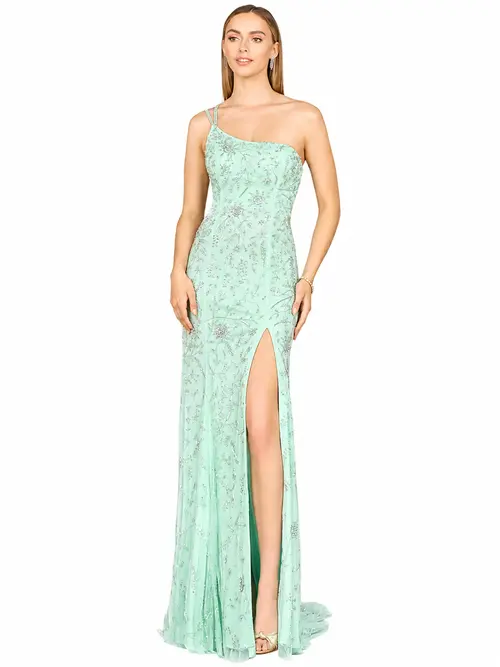 LARA NEW YORK One-shoulder Beaded Gown With Slit - Mint