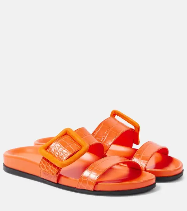 Manolo Blahnik Mayfu Leather Slides - Orange
