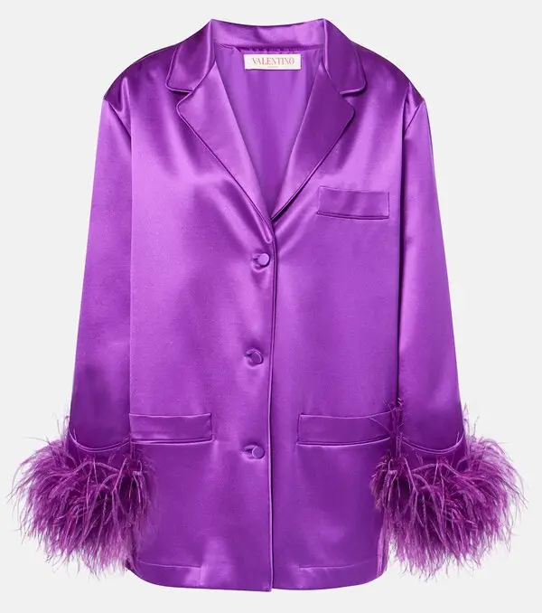 Valentino Garavani Feather-trimmed Silk Satin Shirt - Purple