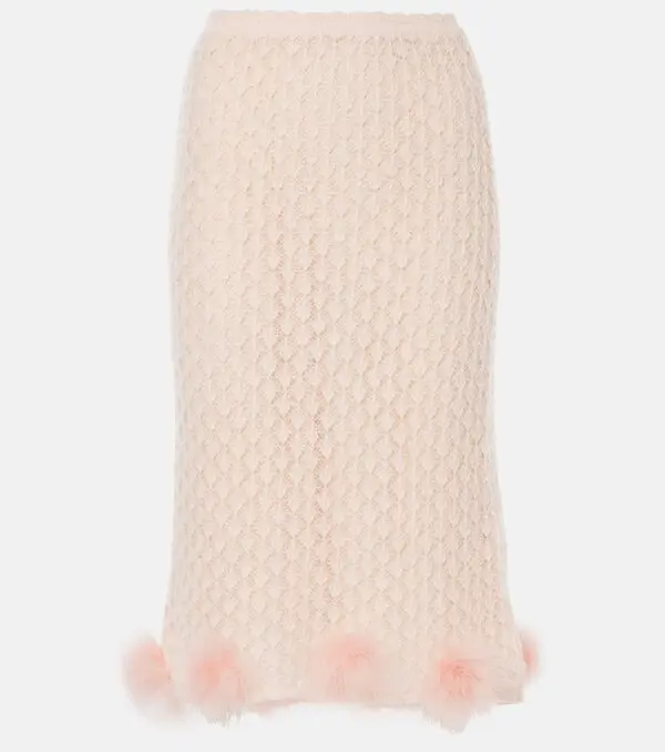 Blumarine Feather-trimmed Mohair-blend Midi Skirt - Pink