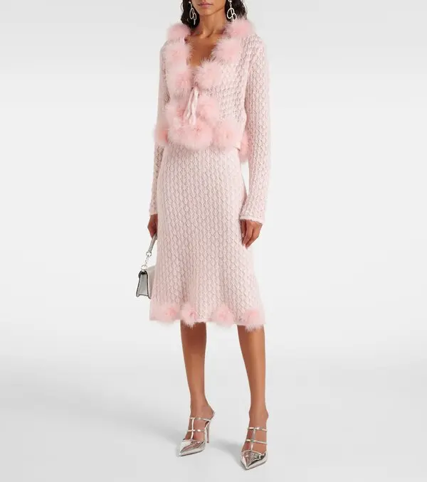 Blumarine Feather-trimmed Mohair-blend Midi Skirt