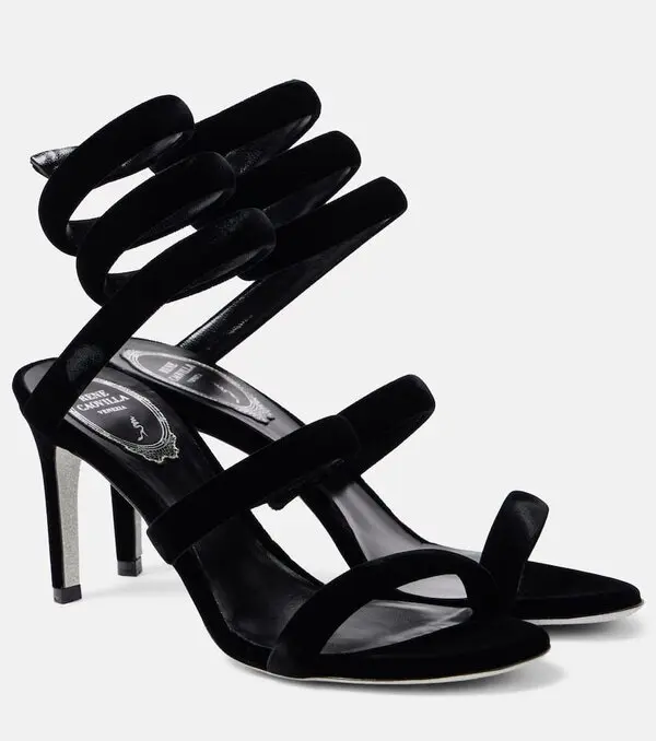 Rene Caovilla Cleo 80 Velvet Sandals - Black