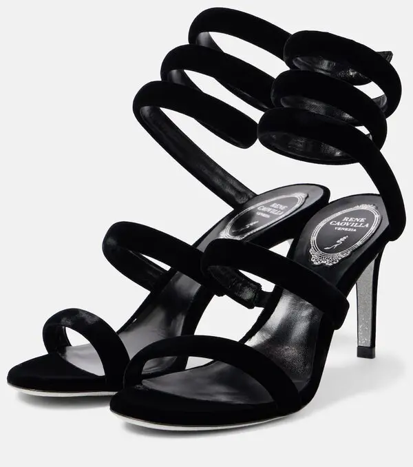 Rene Caovilla Cleo 80 Velvet Sandals - Black