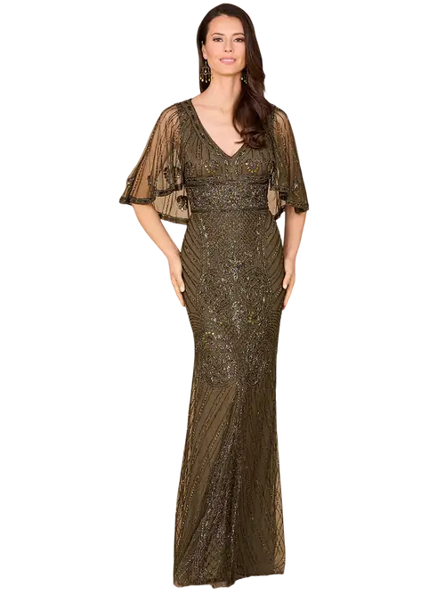 LARA NEW YORK Cape Sleeve V-neck Beaded Gown - Olive