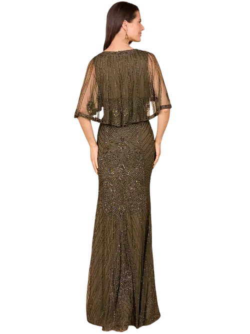 LARA NEW YORK Cape Sleeve V-neck Beaded Gown - Olive