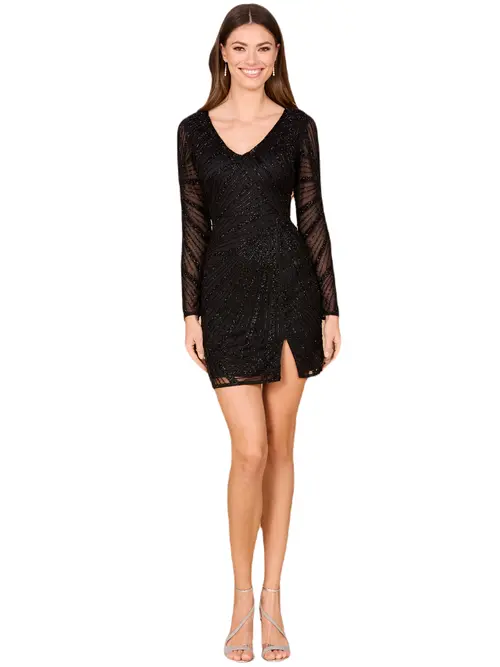 LARA NEW YORK Long Sleeve Beaded Dress - Black