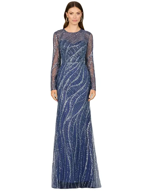 LARA NEW YORK Long Sleeve Beaded Sheath Gown - Blue