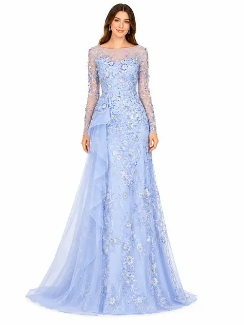 LARA NEW YORK Asymmetrical Overlay Gown With Sleeves - Periwinkle