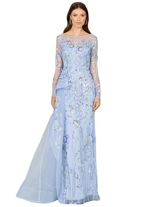 LARA NEW YORK Asymmetrical Overlay Gown With Sleeves
