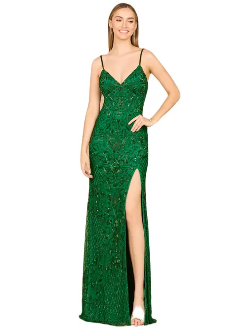 LARA NEW YORK V-neck Beaded Gown - Emerald