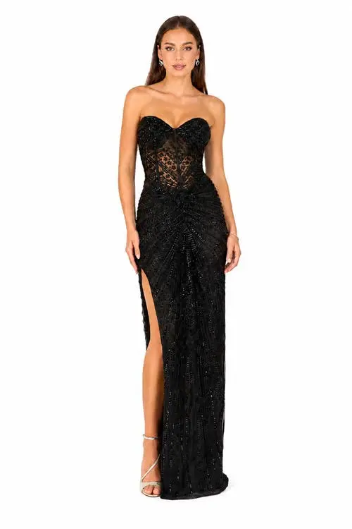 LARA NEW YORK Embellished Strapless Gown With Slit - Black